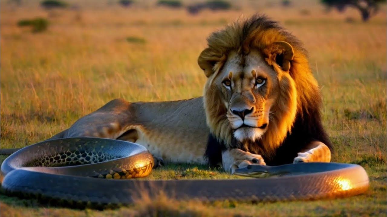 Rare Video of Lion and Anaconda Playing together - YouTube
