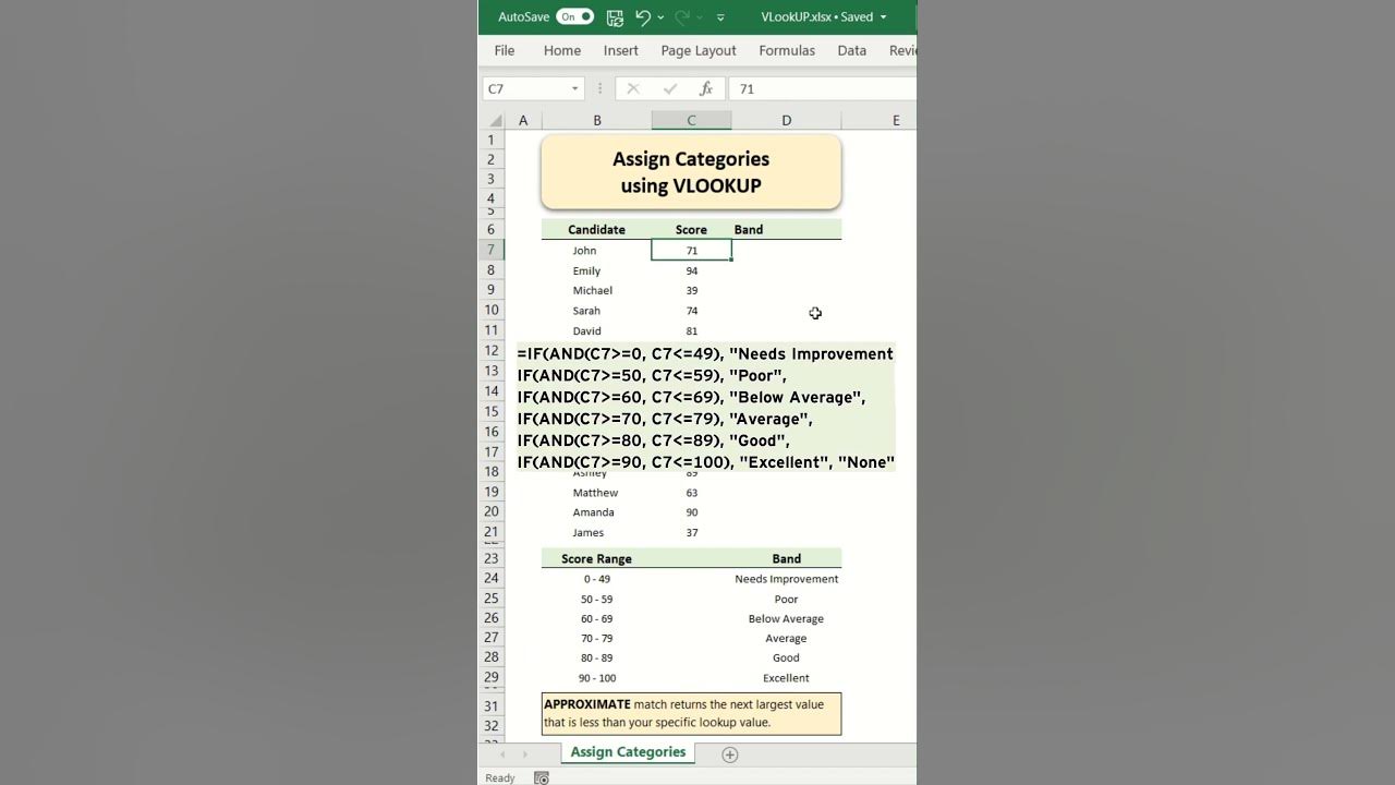 Use VLOOKUP with Approximate Match to Assign Categories in Excel - YouTube