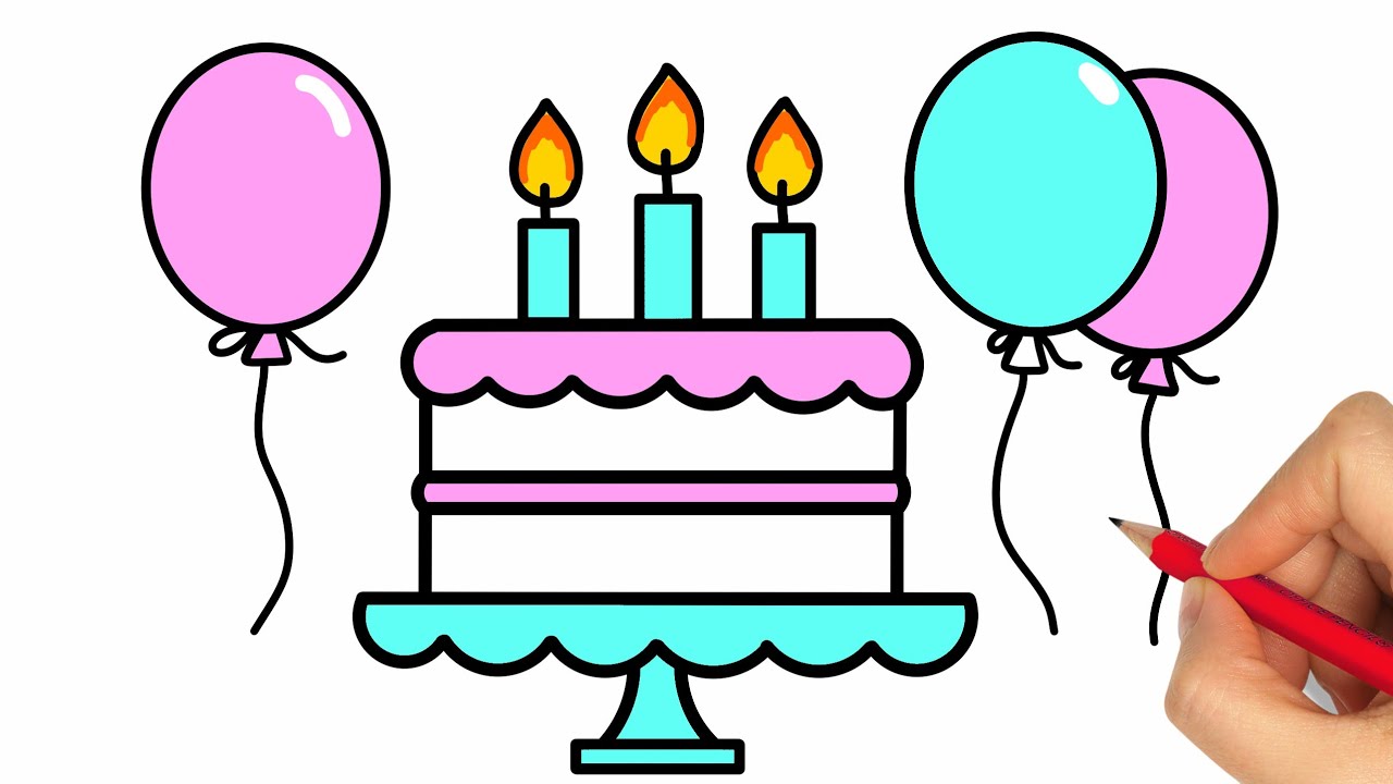 HOW TO DRAW A BIRTHDAY CAKE - HOW TO DRAW BALOONS OF BIRTHDAY - YouTube