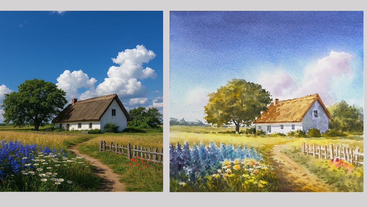 Watercolor Landscape painting – Peaceful Countryside Cottage - YouTube