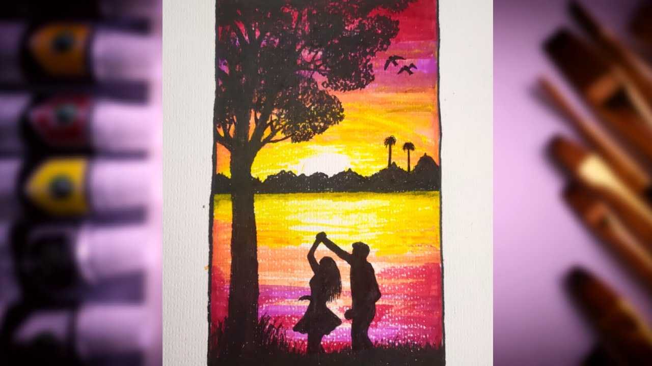 Romantic Couple Sunset Painting | A Romantic On a Sunset scenery ...