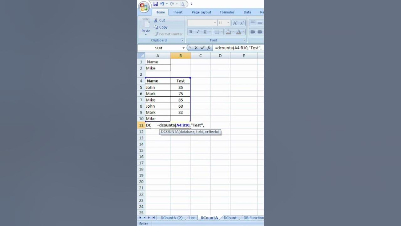 DCountA Function In Excel - YouTube