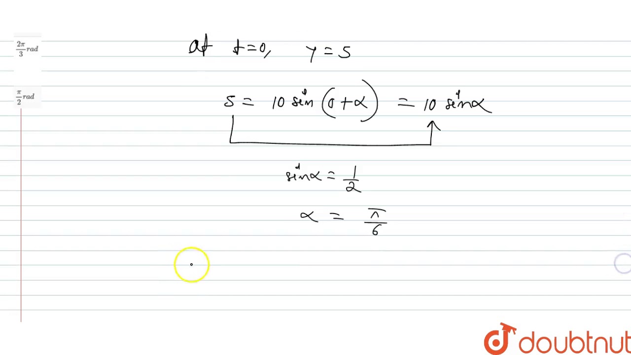 The equation of a `SHM` is given by `y = 10 sin ((2pit)/(3) +alpha ...