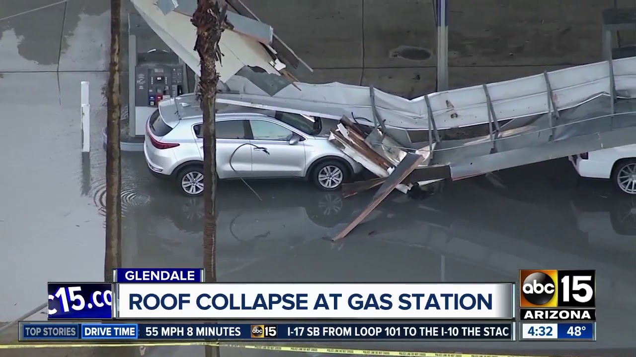 Gas station roof collapses on cars during Valley storm - YouTube