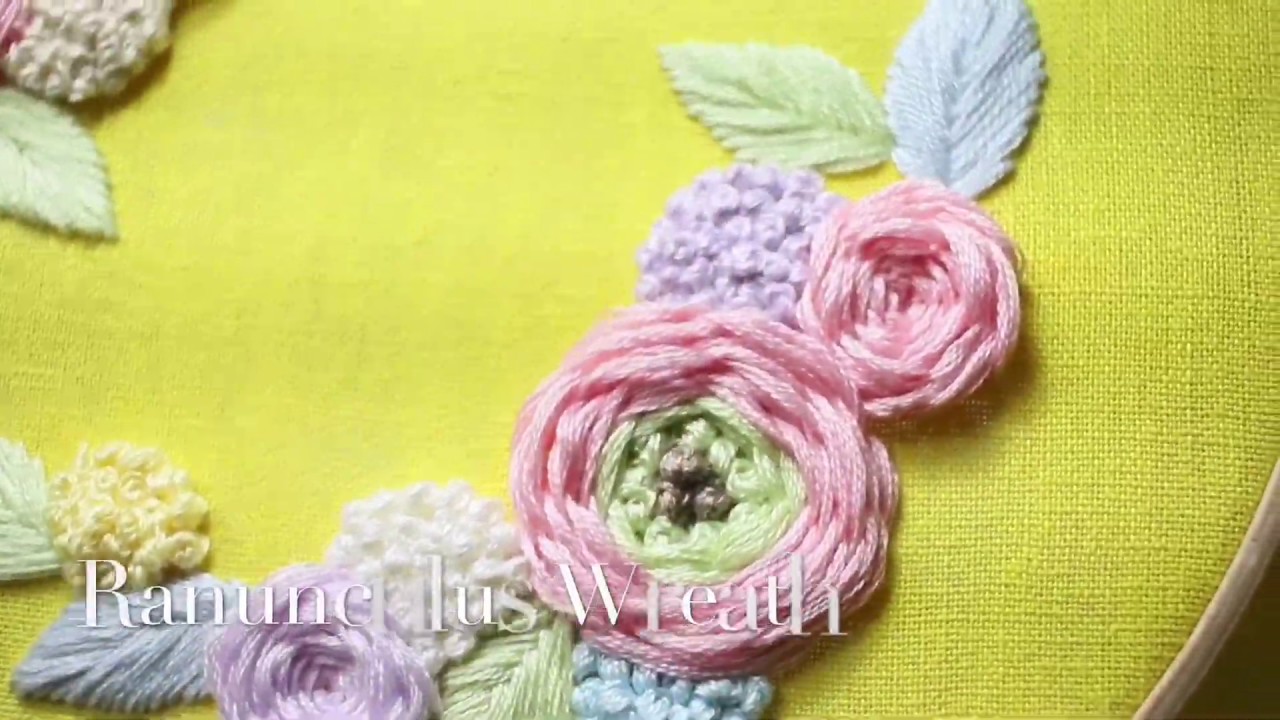 Ranunculus wreath embroidery - YouTube