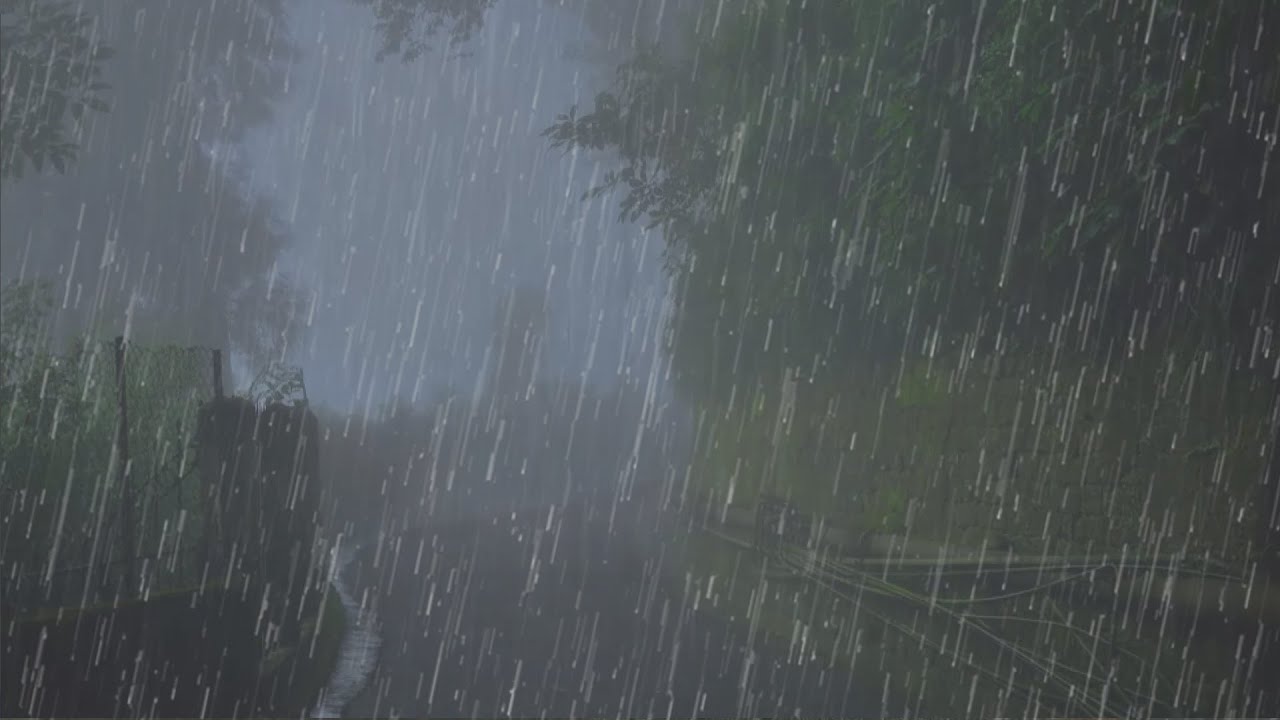 Heavy Rain Poured Down Like a Big Stream on a Deserted Street at Night ...