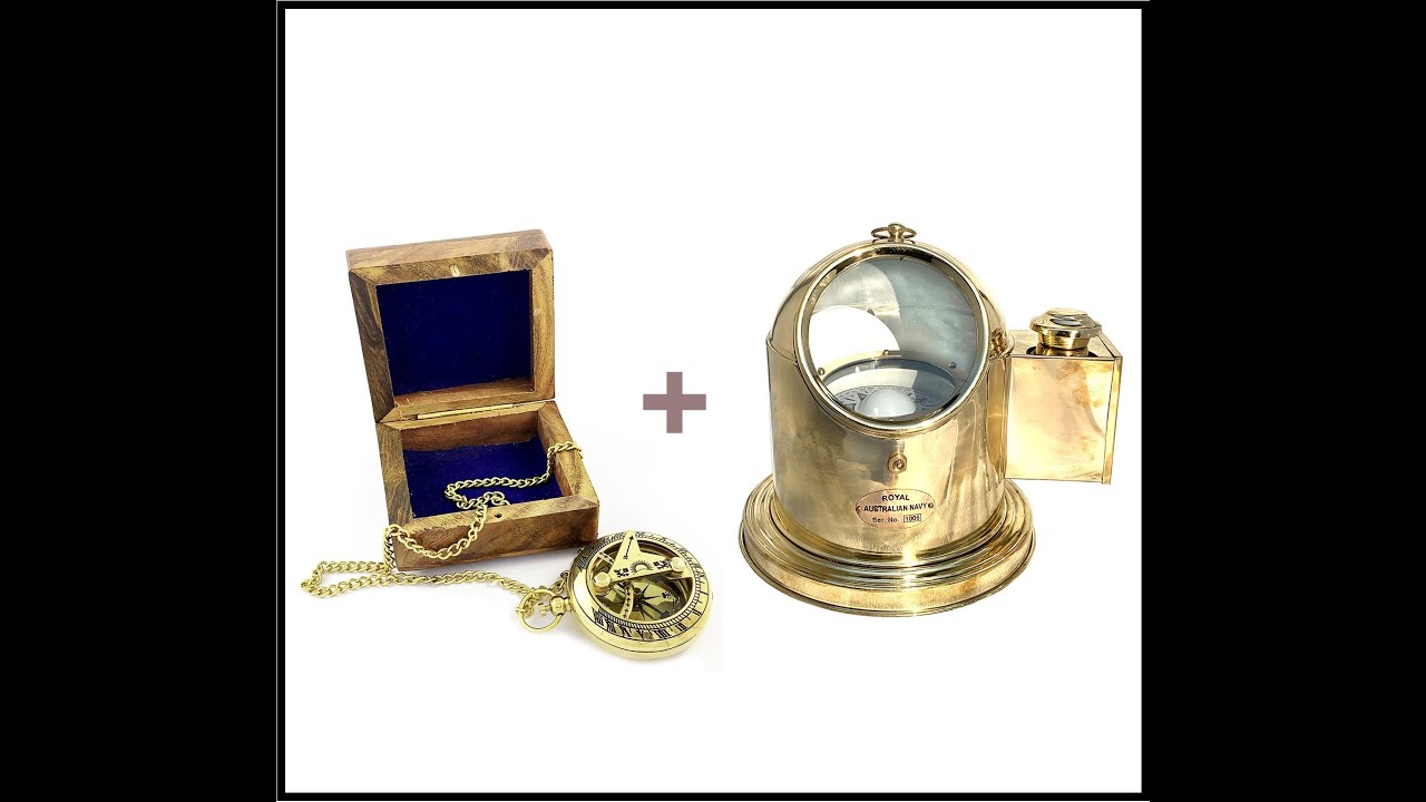 Gimbal Brass Binnacle Compass Tabletop & Vintage Pocket Chain Military ...