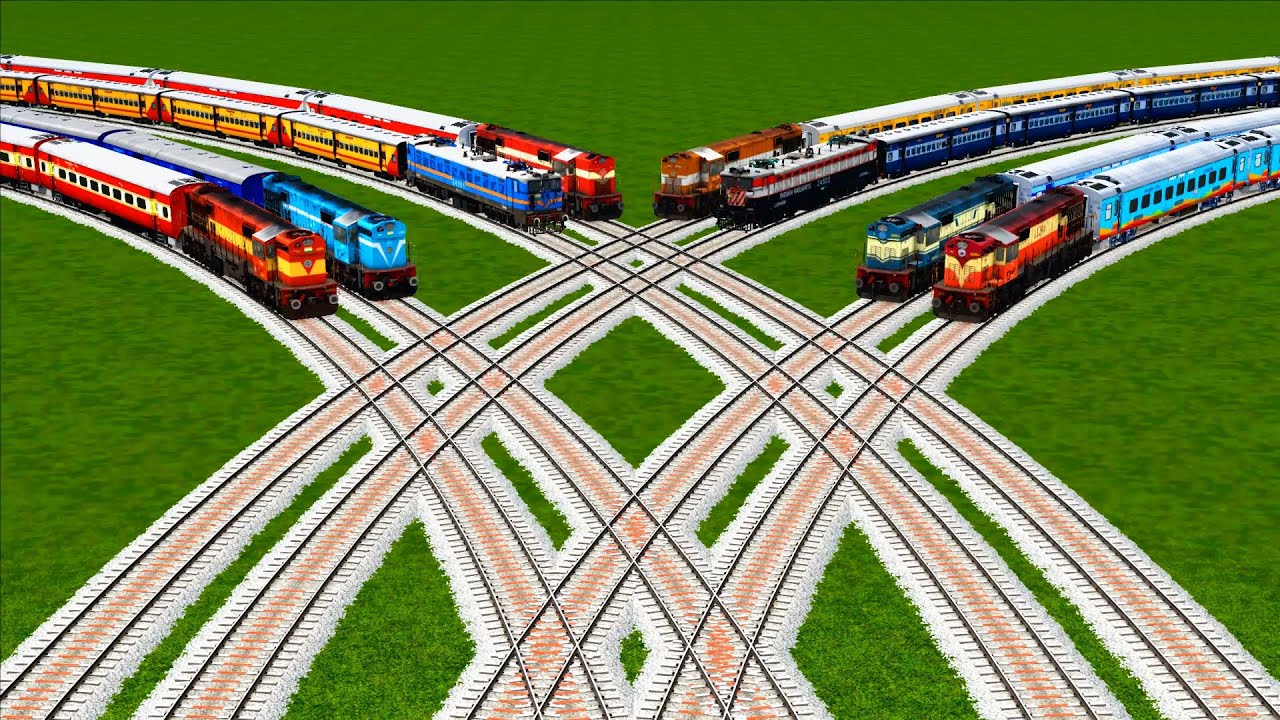 8 Different Colorful Trains Crossing On Eight Crisscrossed Untidy ...