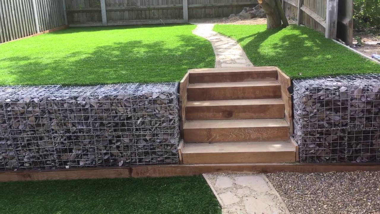Small garden landscape with Gabion boxes and 30mm Artificial lawn - YouTube