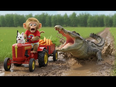 Monkey Zaza Drives Tractor to Harvest Carrots But a Giant Crocodile Blocks the Path!