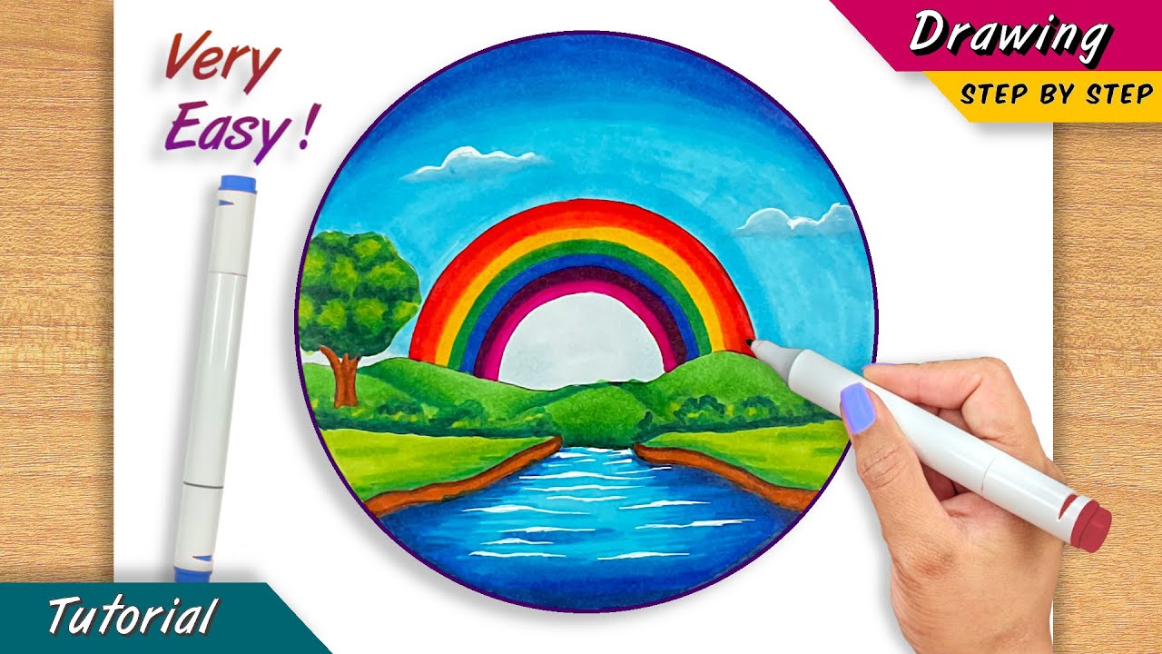 Super Easy Elementary Exam Memory Drawing - Landscape Scenery | Step by ...