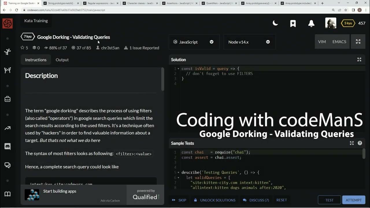 Codewars 7 kyu Google Dorking - Validating Queries JavaScript - YouTube