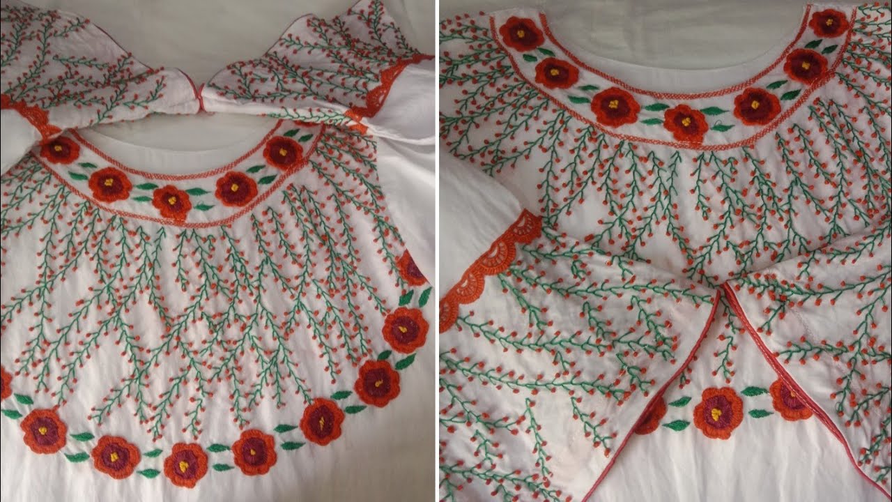 white frock hand embroidery Easy and Beautiful Red, Green thread work ...