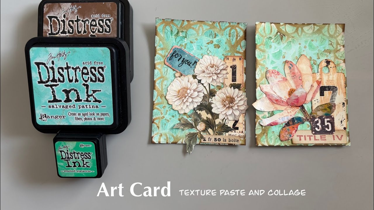 Mixed media art cards using distress inks, texture paste and collage ...