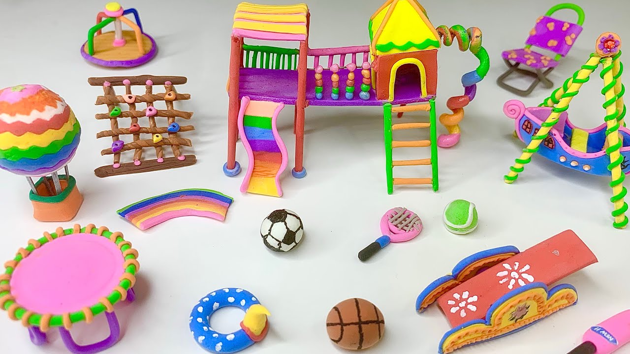 DIY How to make polymer clay miniature house, Playground Set with ...