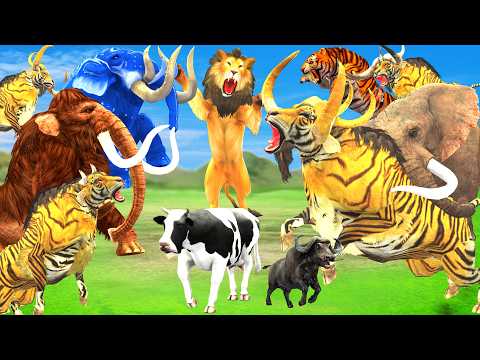 10 Tiger Bull vs 10 Mammoth Elephant Cow Cartoon Fight Lion attack Buffalo Saved By Woolly Mammoth
