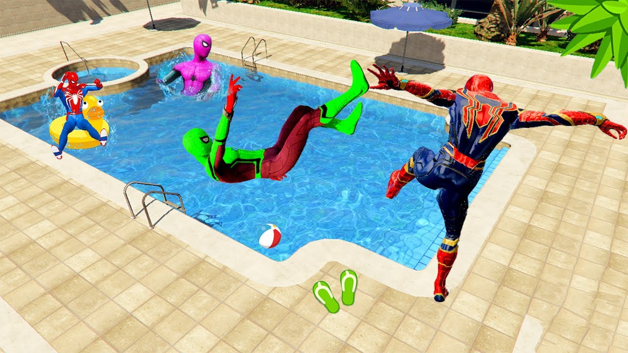 GTA 5 Iron SPIDER-MAN Epic Water Ragdolls and Fails | Spiderman jumping in Swimming Pool - YouTube