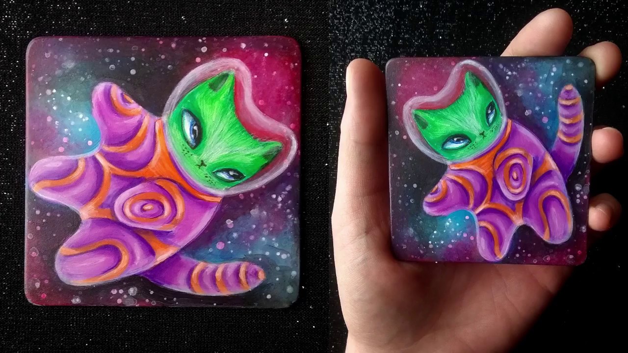 Floating Space Cat mini painting, acrylic art time lapse - YouTube