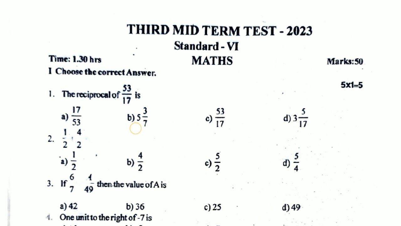 6th maths Third midterm exam question paper 2024 | Model question paper ...