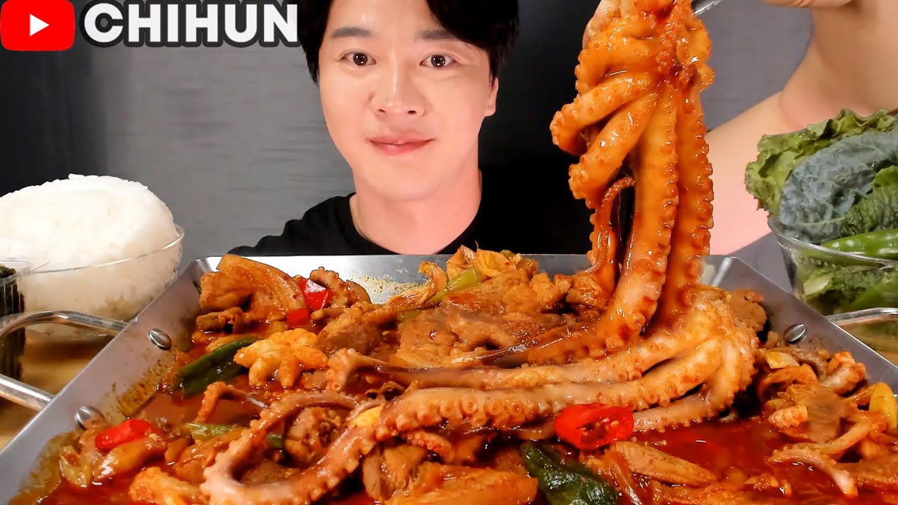 SPICY GIANT OCTOPUS & STIR FRIED PORK ASMR MUKBANG & COOKING RECIPE ...