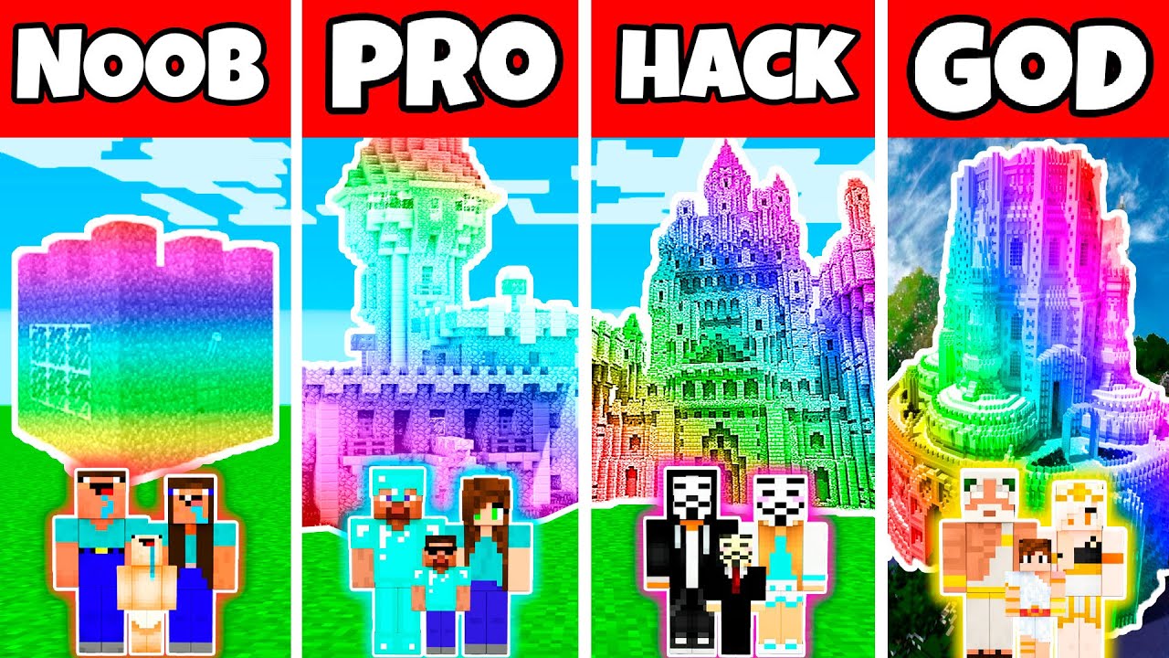 Minecraft: FAMILY RAINBOW CASTLE BUILD CHALLENGE - NOOB vs PRO vs ...