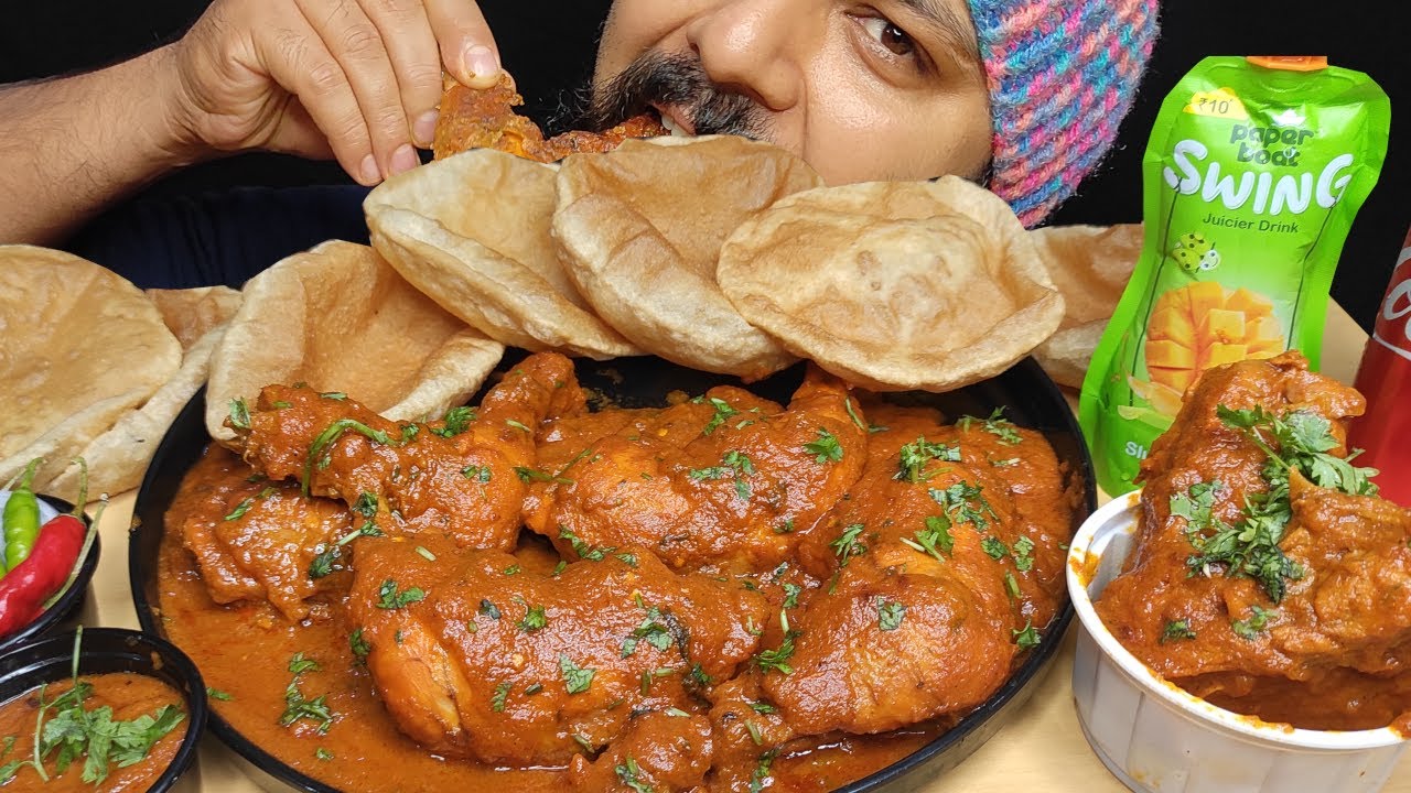 BUTTER CHICKEN PURI EATING | Butter Chicken Masala With Puri Mukbang ...