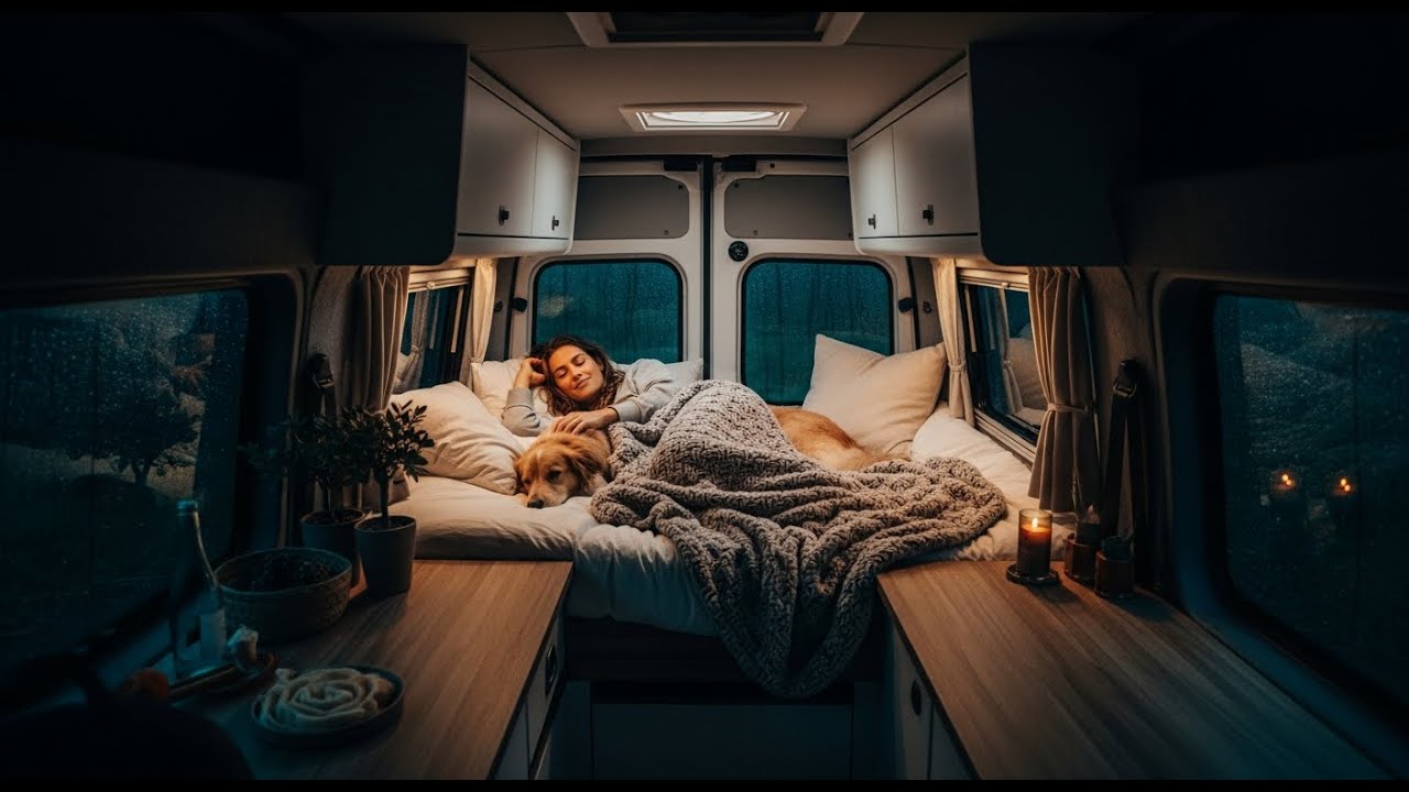 Rainy Vanlife Sleep Ambience | Cozy Camper Night with Dog for Deep ...