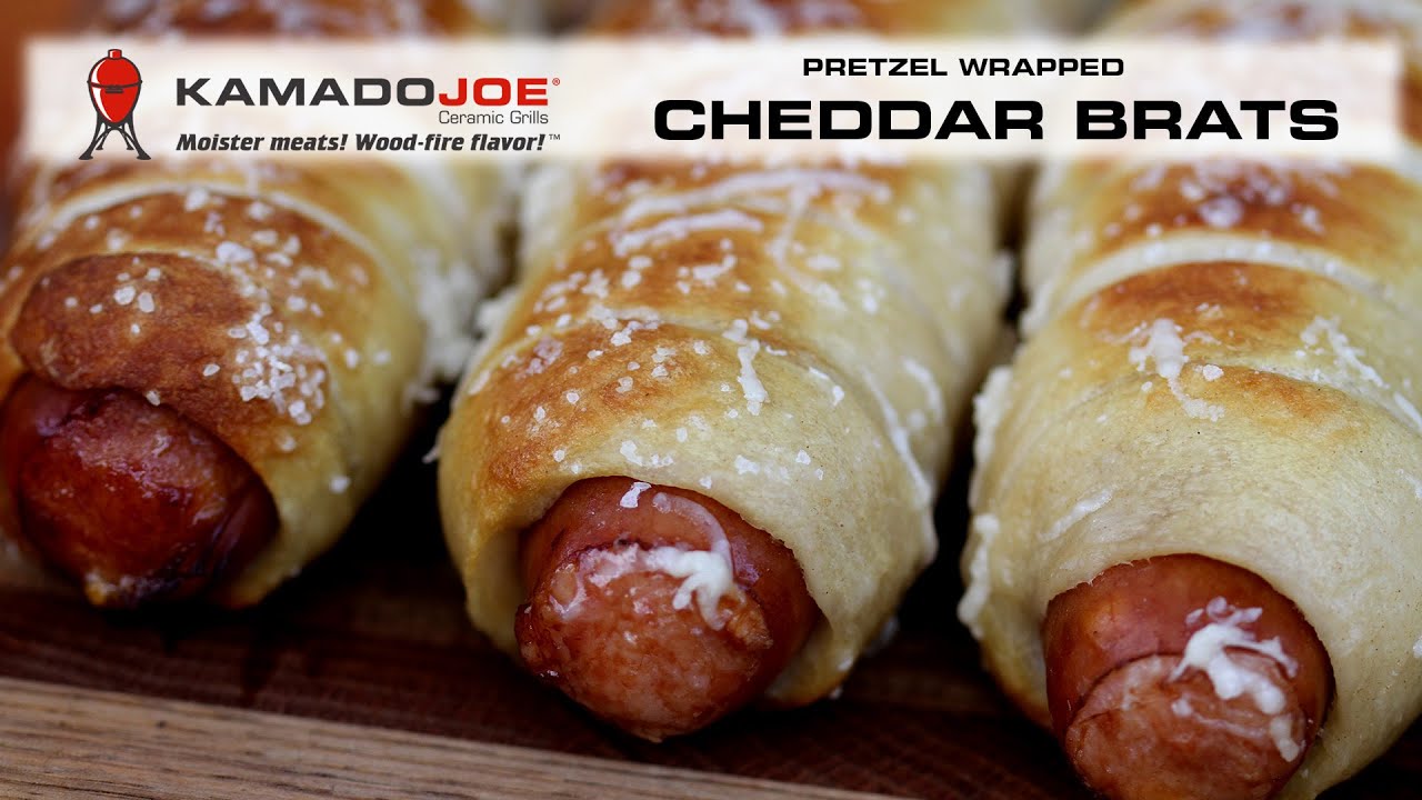 Kamado Joe Pretzel Wrapped Cheddar Brats - YouTube
