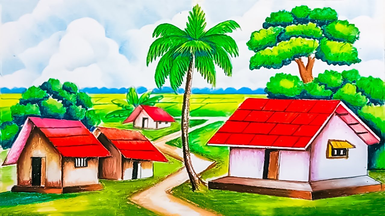 Drawing Beautiful Village Landscape Scenery Painting | Indian Village ...