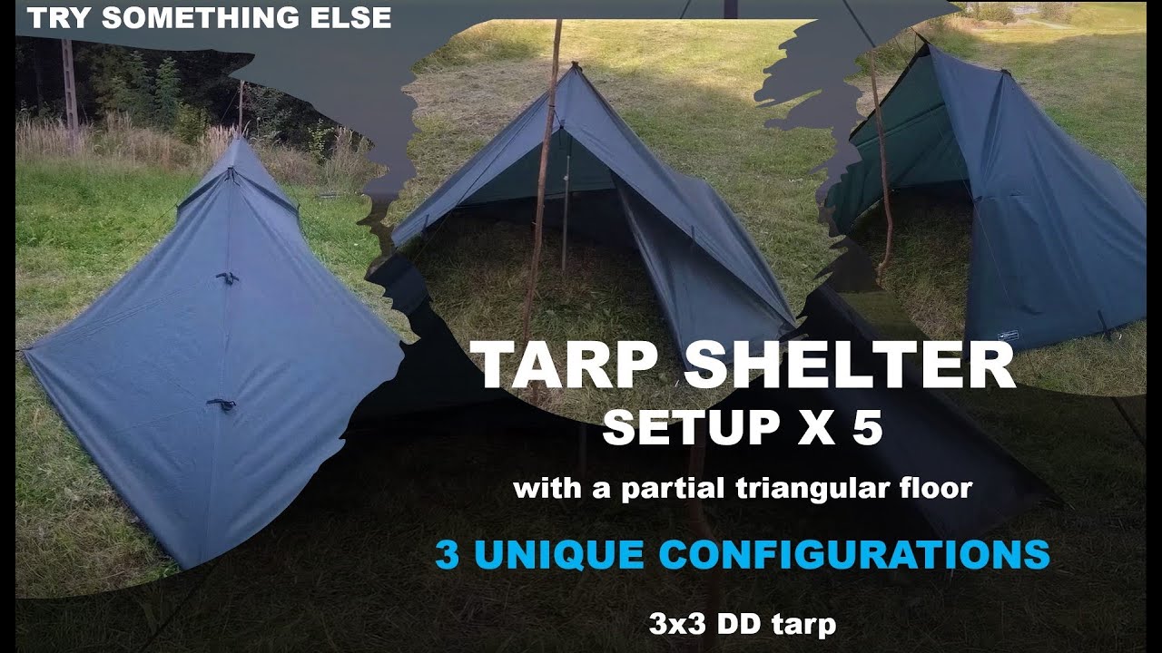 Tarp shelter setup with a partial triangular floor x 5. Rozstawianie ...