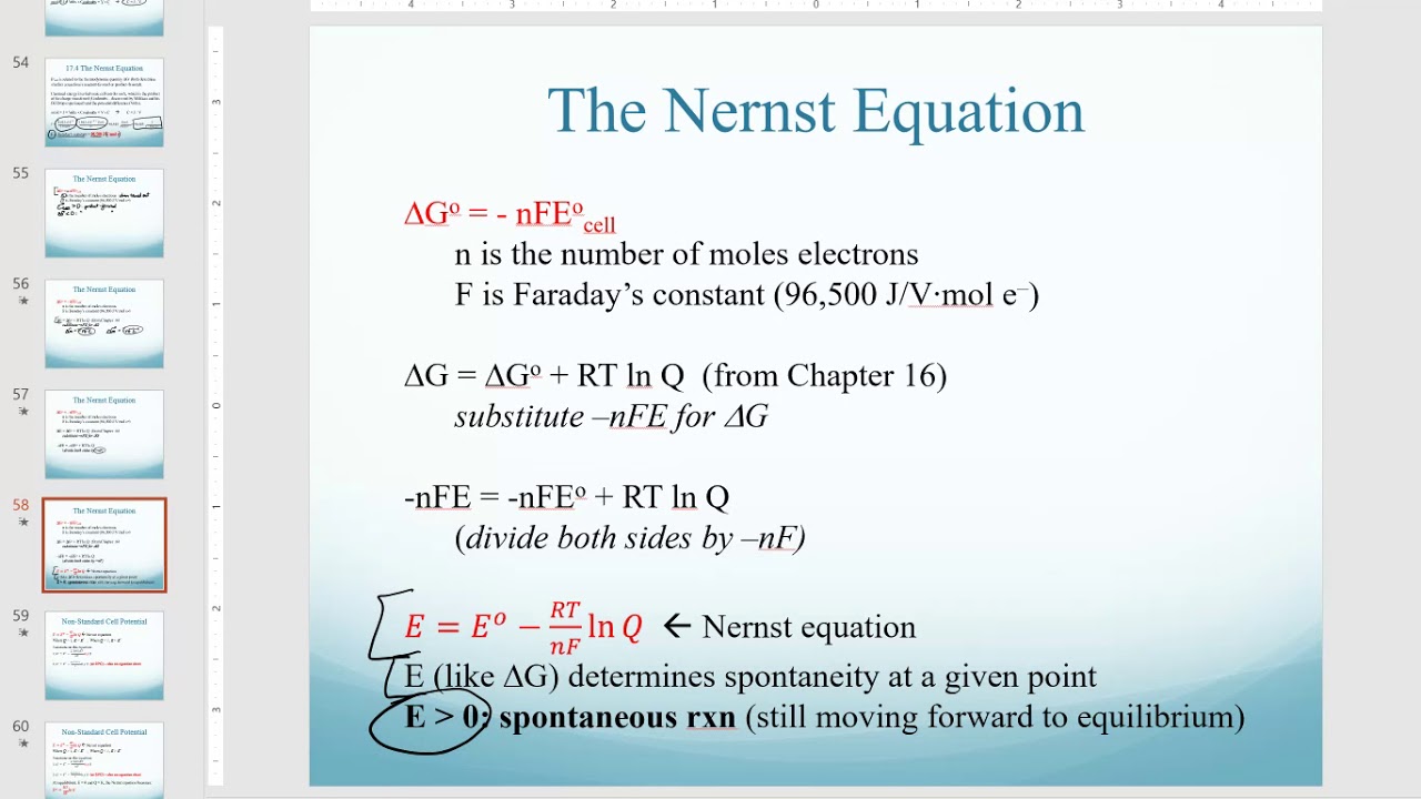 Equations used in electrochemical calculations; Nernst equation ...