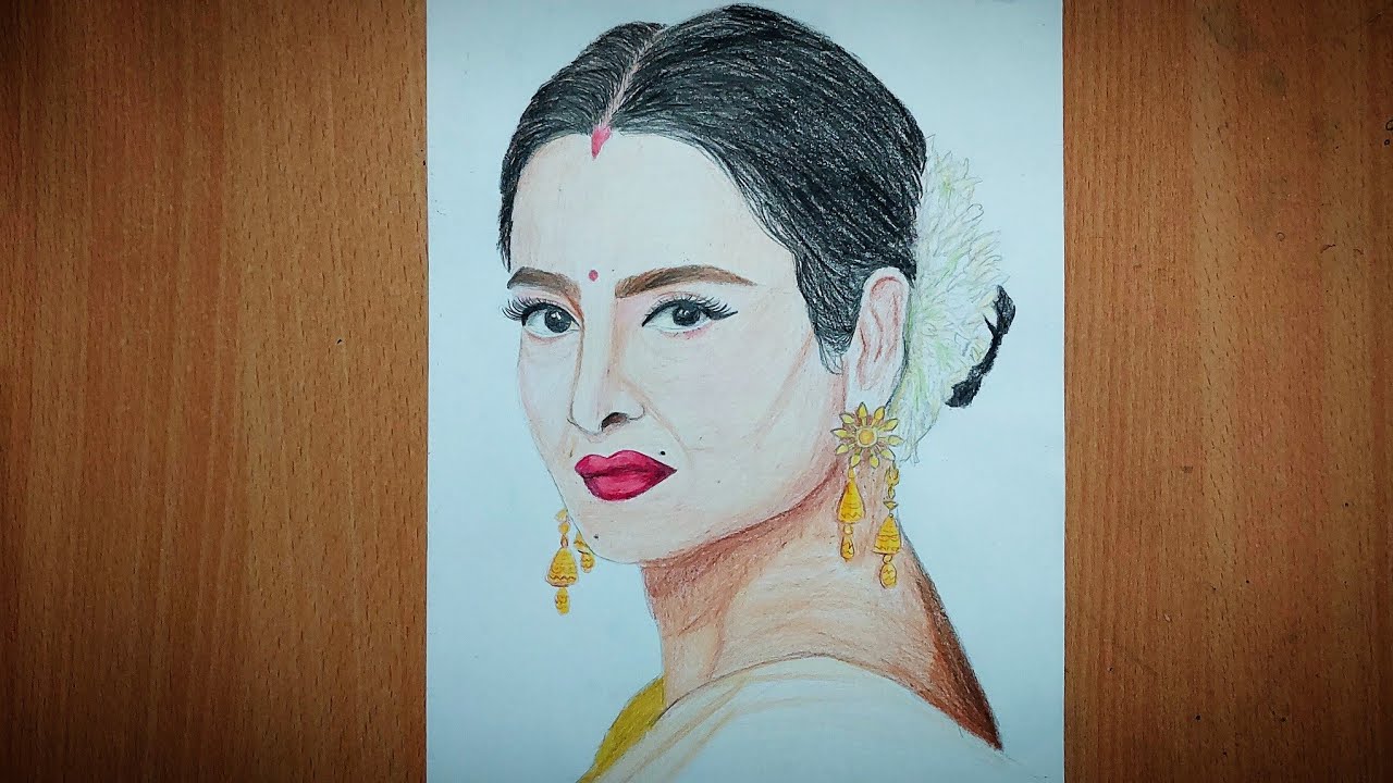 Rekha ji sketch/Colour pencil portrait/how to draw face with Colour ...