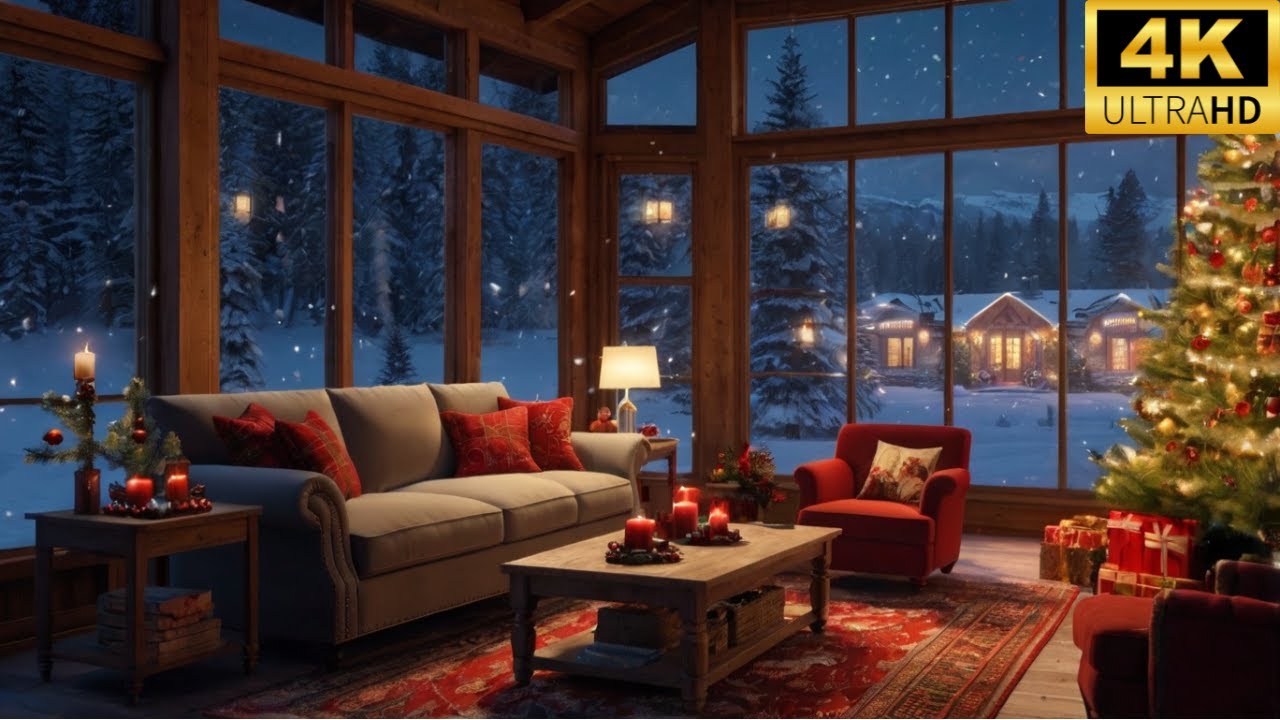 Relaxing Christmas Music & Snowing Mood 🎄 | Night in Winter Snow Cabin ...