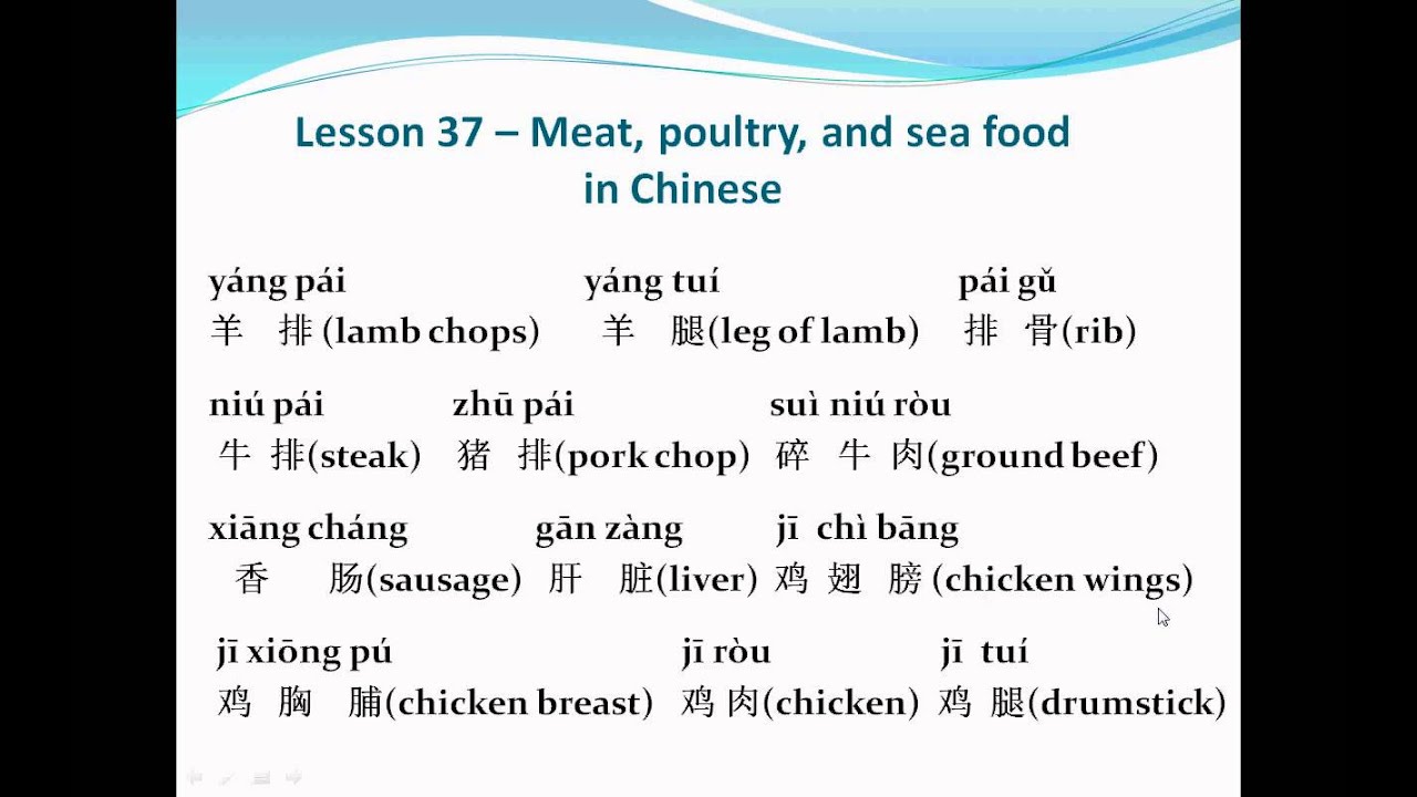 Mandarin Chinese-Lesson 37 (Meat, poultry, and sea food in Chinese ...