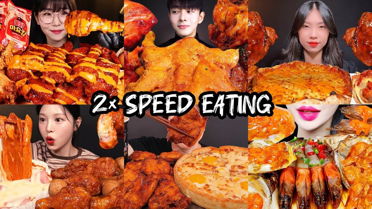 2× SPEED EATING SOUND | ASMR MUKBANG FRIED BBQ CHICKEN & PIZZA & SHRIMP ...
