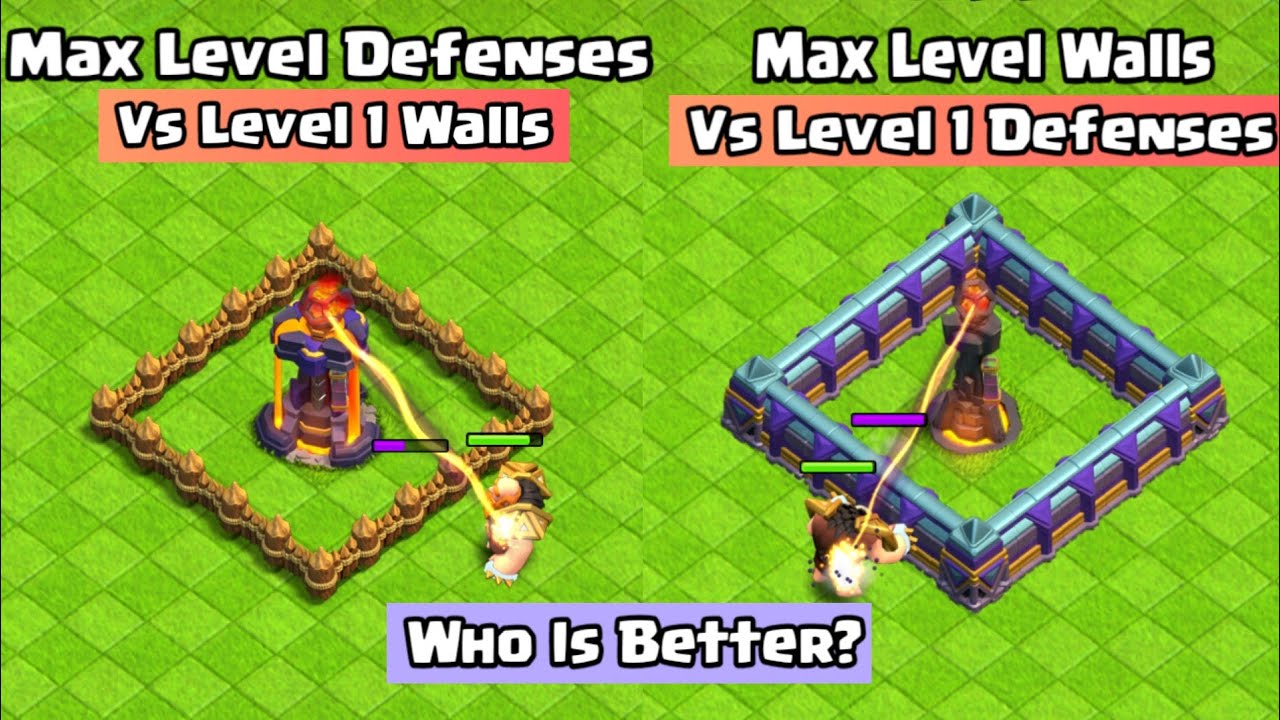Max Walls + Level 1 Defenses Vs Level 1 Walls Vs Max Defenses Clash Of ...
