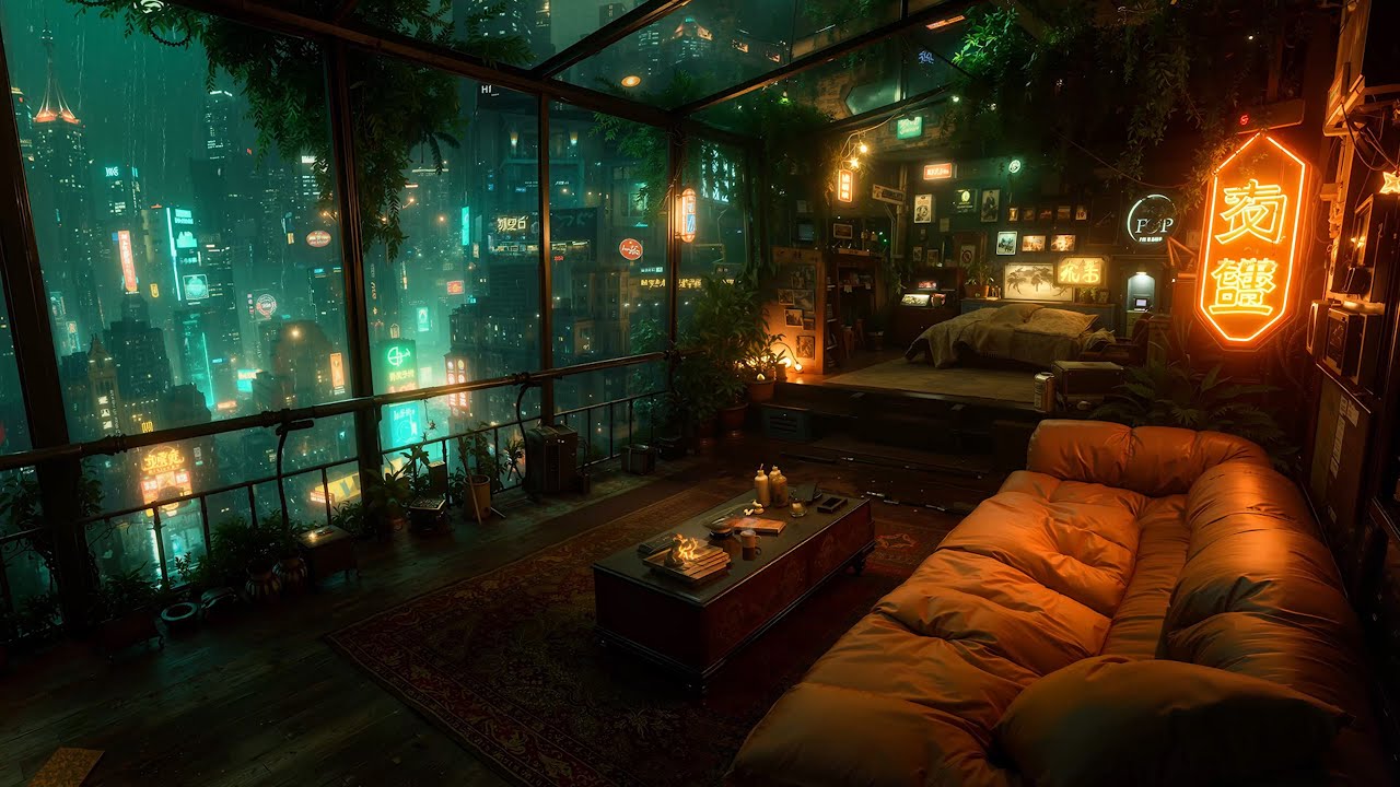 Cyberpunk Bedroom | Gentle Rain & Futuristic Ambience Above the City ...