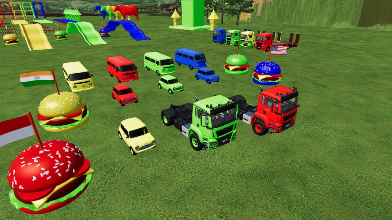 TRANSPORTING MINI CARS, VW, TRUCK AND BURGER WITH TRUCK to PLAYGROUND ...