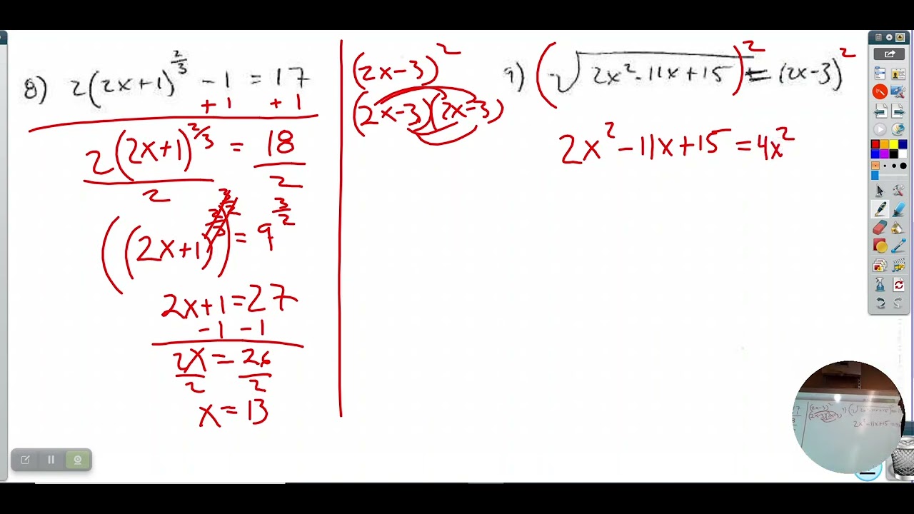 ALG 2 Solving Irrational equations 8 & 9 - YouTube