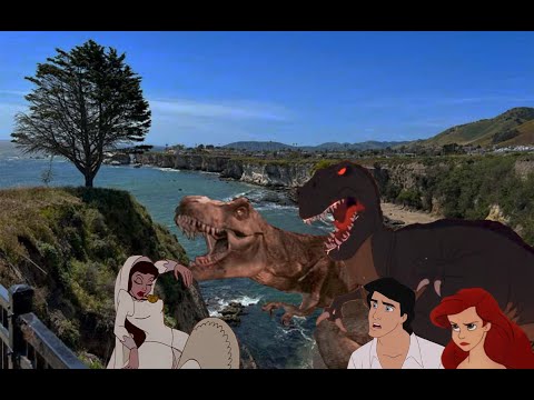 Rexy and Skullbopper (Sharptooth) attacks Vanessa (Ursula)