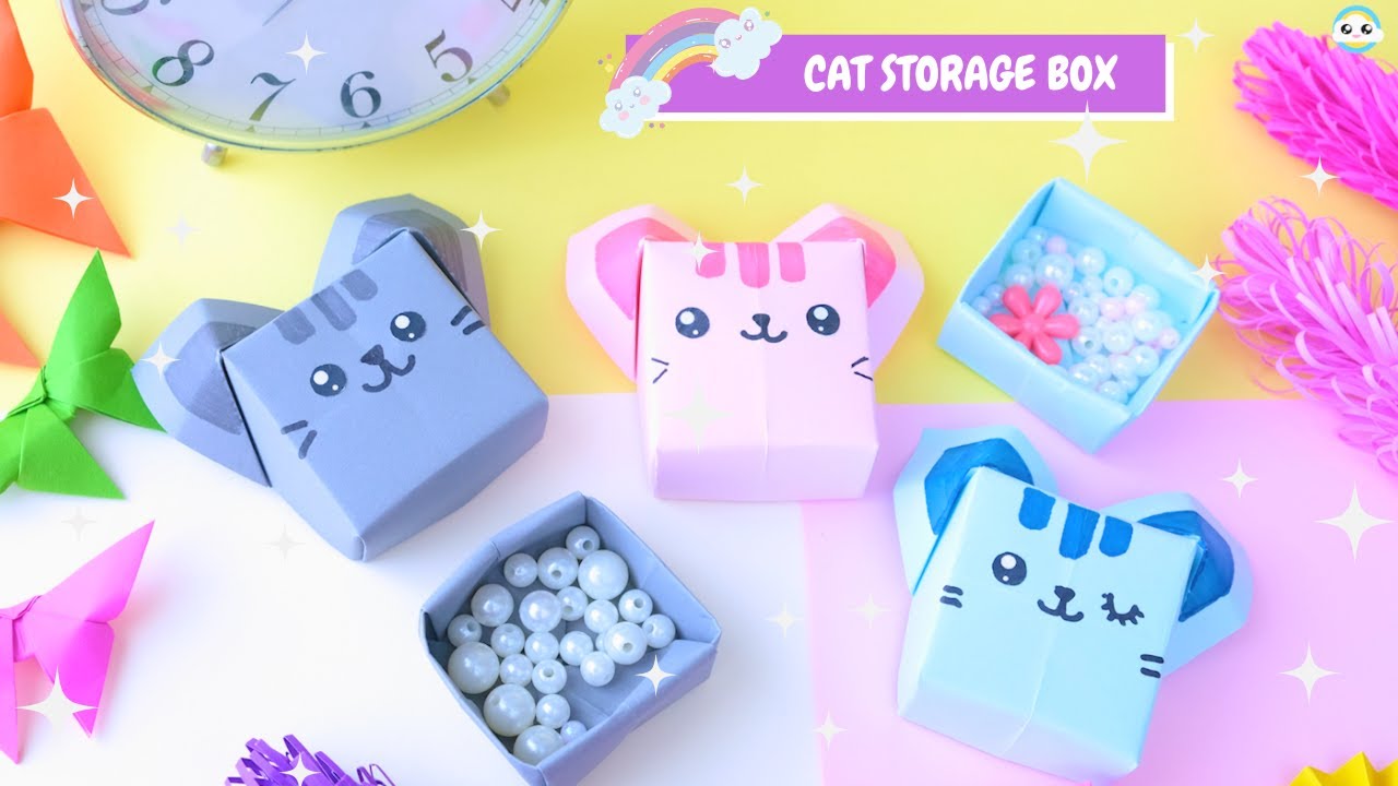 origami cat box | DIY MINI PAPER CAT STORAGE BOX Paper Storage ...