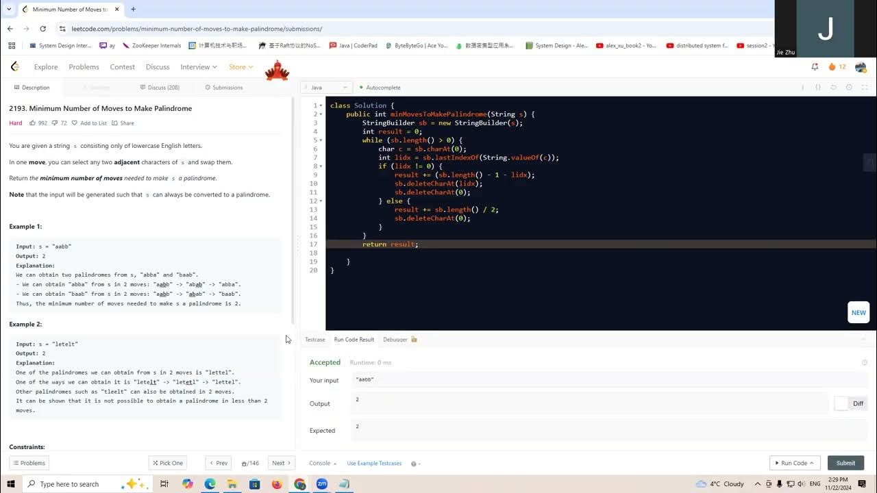 2193. Minimum Number of Moves to Make Palindrome - YouTube