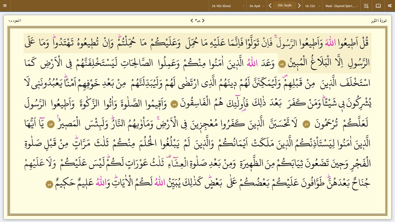 Kur an ı Kerim Sayfa 356 Nur Suresi 54 58 18 Cüz
