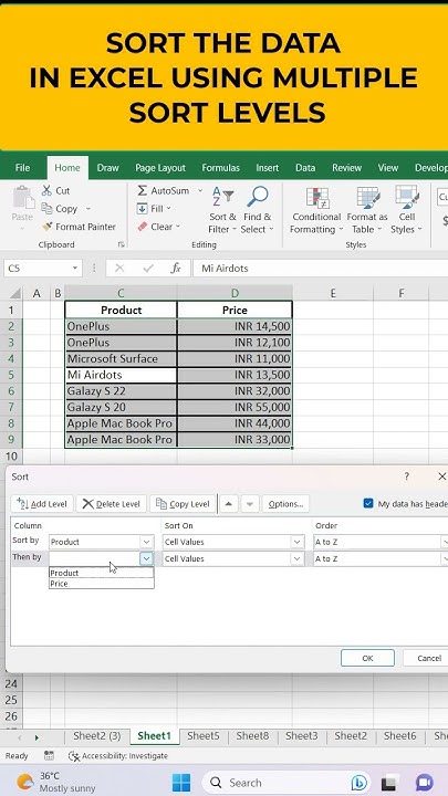 SORT DATA IN EXCEL USING MULTIPLE LEVELS #excel #shorts #microsoftexcel #msexcel #exceltutorial ...