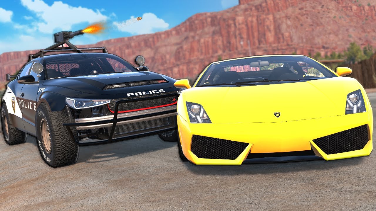 Police Car with Mounted MACHINE GUN Destroys a Lamborghini in BeamNG ...