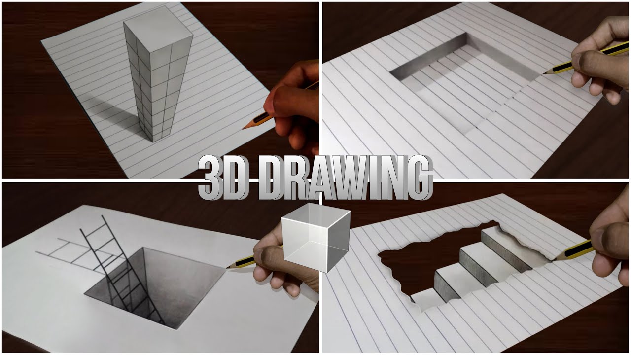 4 Amazing 3D Drawing Tutorial!🤯😱 | Easy 3d Illusion Drawing on Paper ...