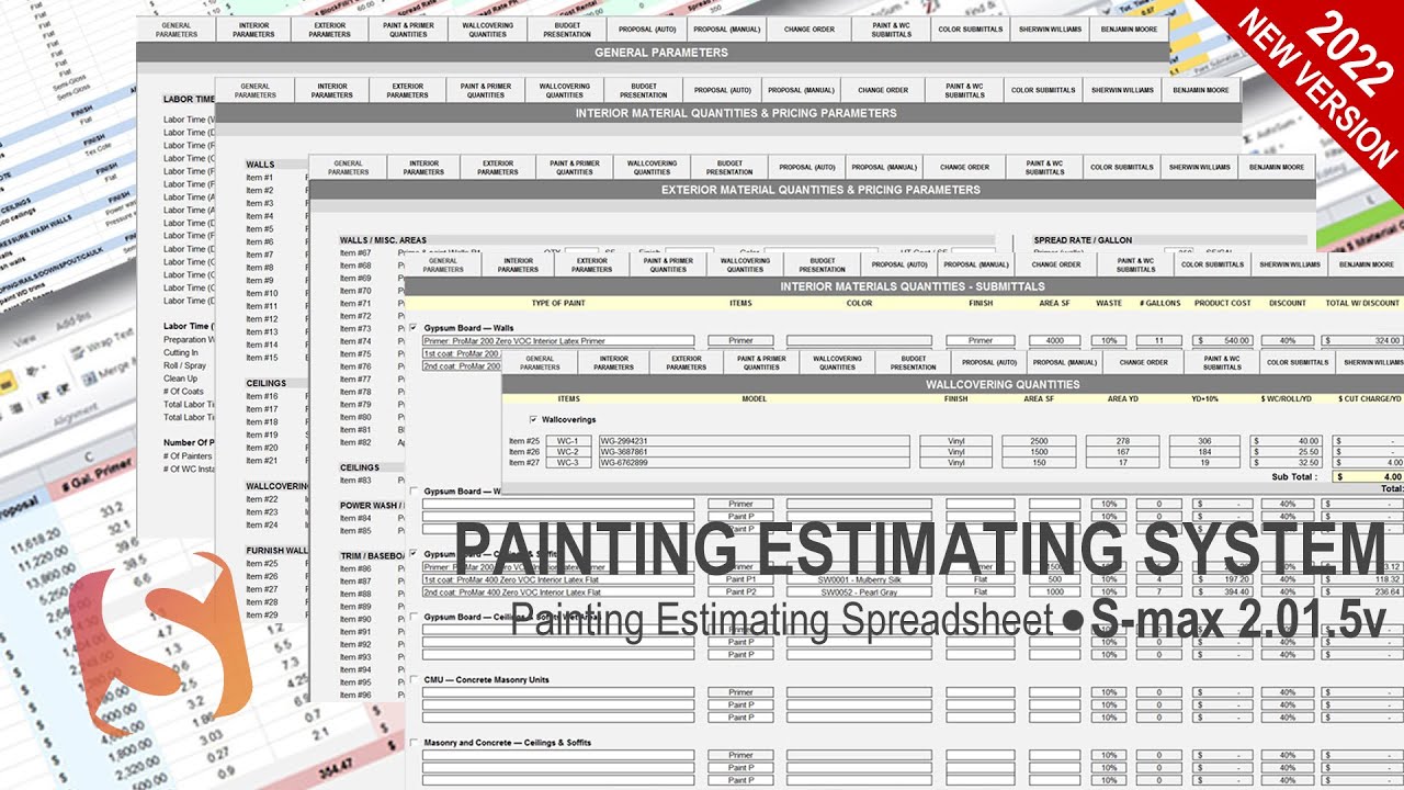 Paint Cost Estimate Spreadsheet 2.01.5v - Painting Estimating Software - YouTube