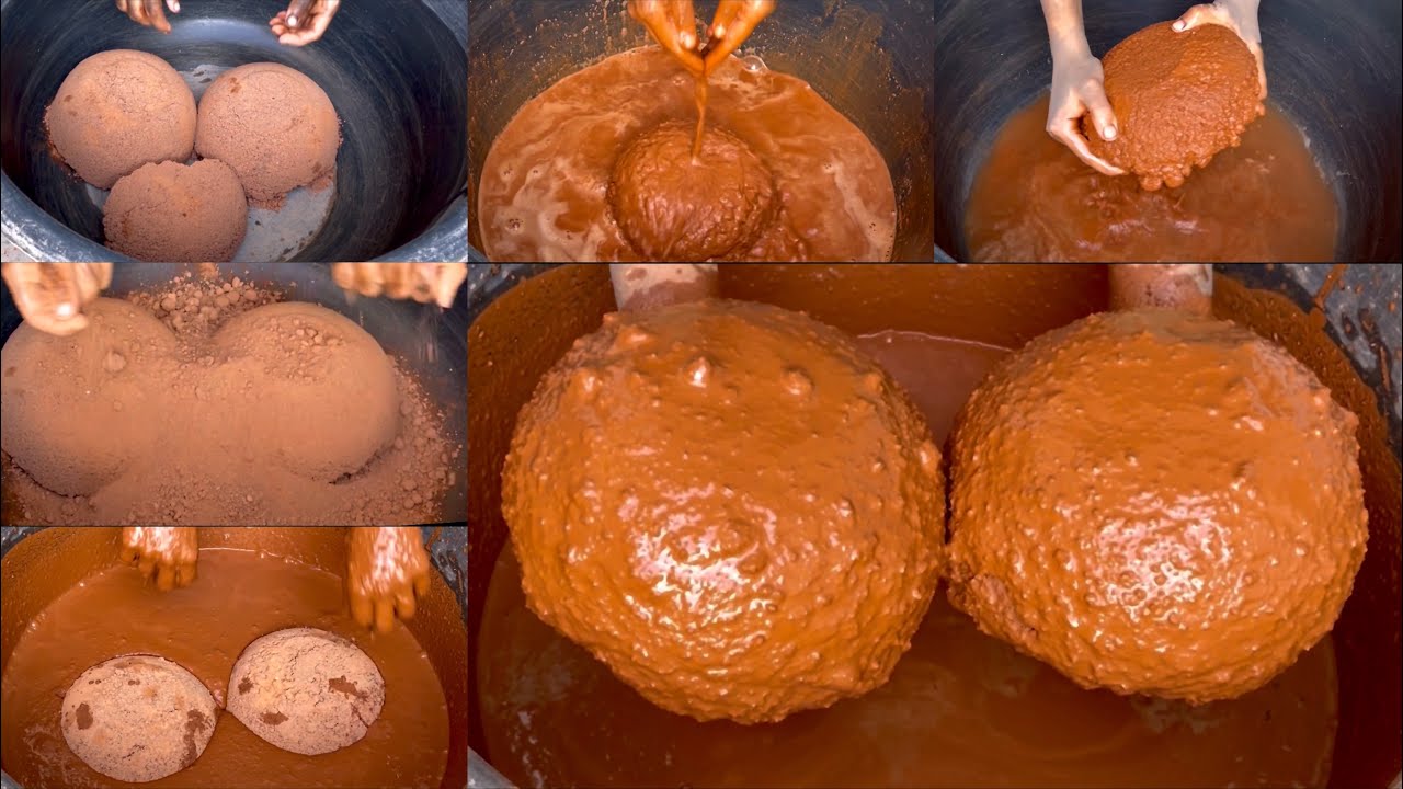 Soft crispy creamy red dirt crumbling dry/water dipping paste mixing ...