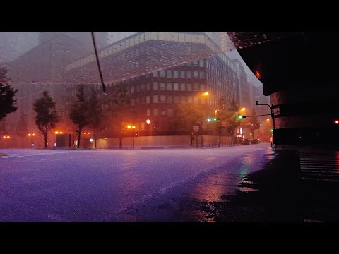 LOUD THUNDERSTORM HEAVY RAIN WALK at DAWN | MIDOUSUJI St.  Osaka Japan | 4K ASMR Rain Ambience