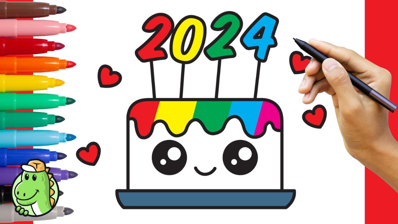 How to draw a NEW YEAR CAKE 2024 🎉 Easy Drawing for Kids Cute - YouTube